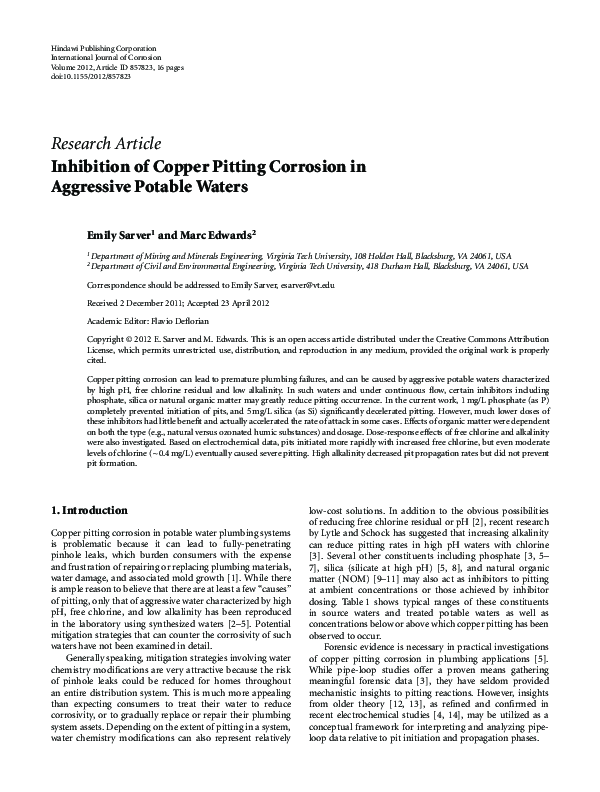 (PDF) Inhibition of Copper Pitting Corrosion in Aggressive Potable Waters