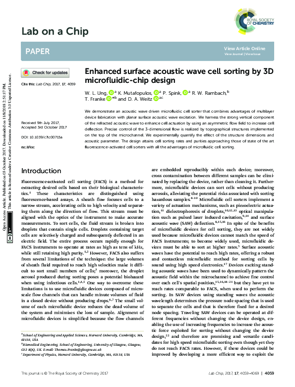 (PDF) Enhanced surface acoustic wave cell sorting by 3D microfluidic-chip design