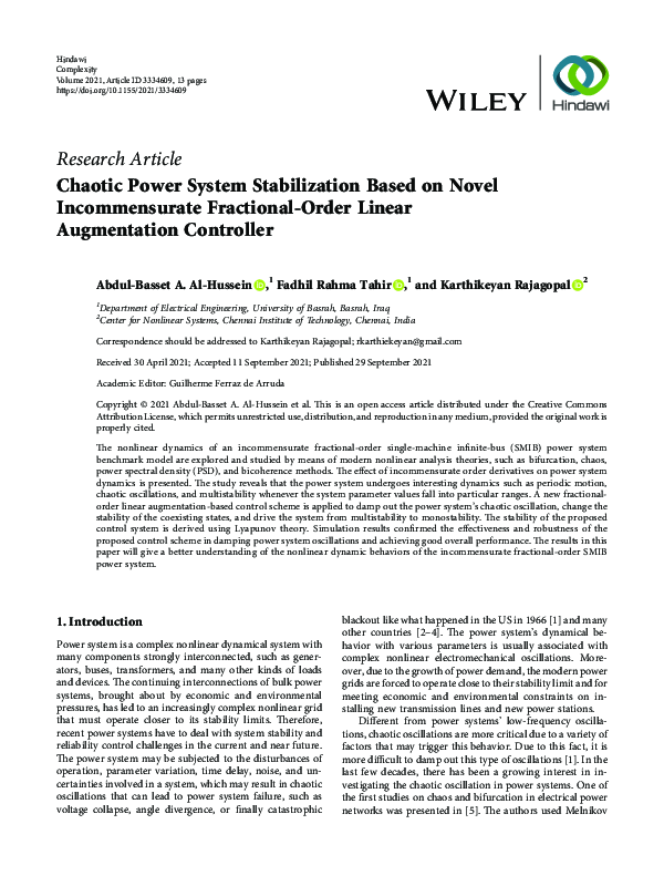 (PDF) Chaotic Power System Stabilization Based on Novel Incommensurate Fractional-Order Linear ...