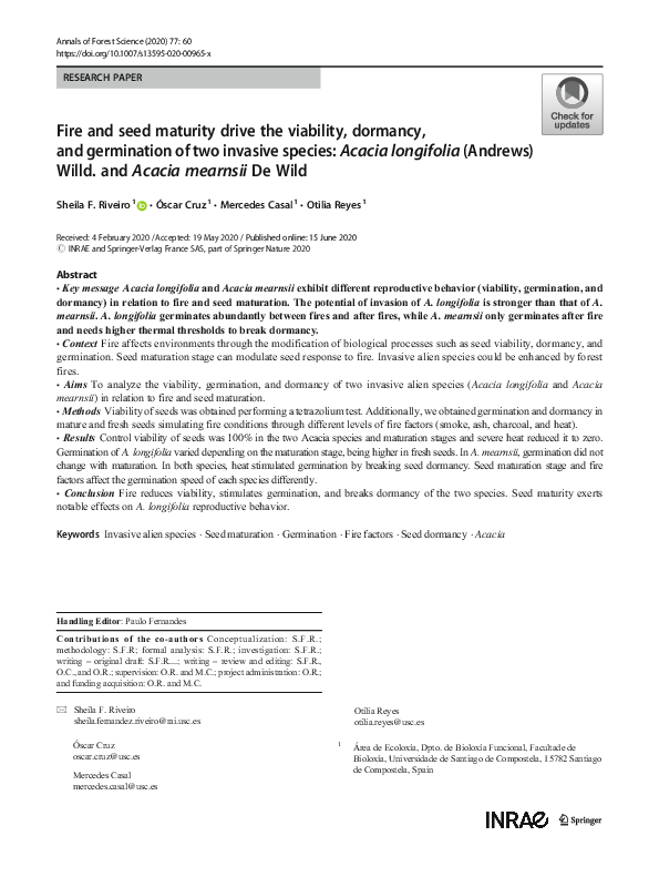 (PDF) Fire and seed maturity drive the viability, dormancy, and ...
