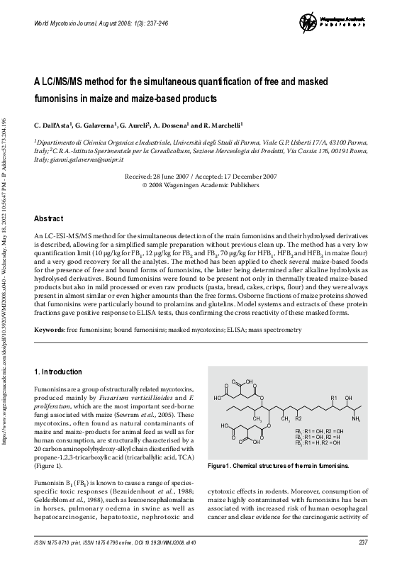 (PDF) A LC/MS/MS method for the simultaneous quantification of free and masked fumonisins in ...