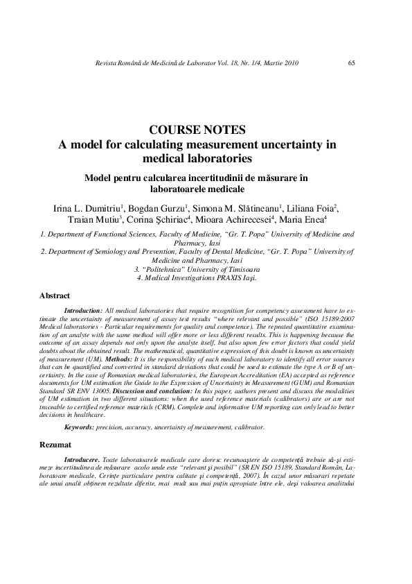 (PDF) COURSE NOTES A model for calculating measurement uncertainty in ...