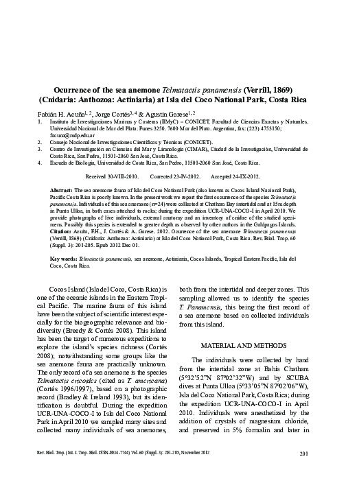 (PDF) Ocurrence of the sea anemone Telmatactis panamensis (Verrill ...