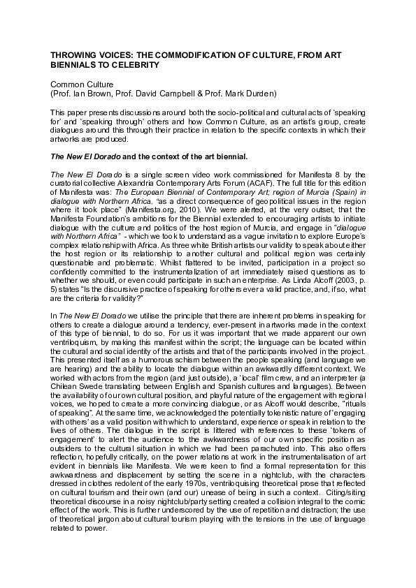 (PDF) Throwing Voices: The Commodification of Culture, from Art ...