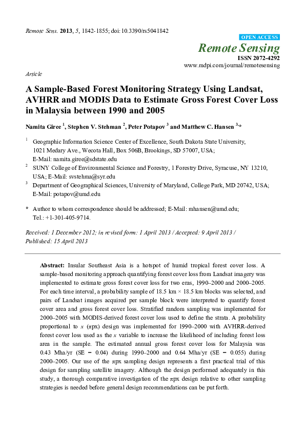(PDF) A Sample-Based Forest Monitoring Strategy Using Landsat, AVHRR and MODIS Data to Estimate ...
