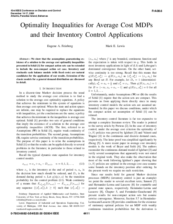 (PDF) Optimality inequalities for average cost MDPs and their inventory ...