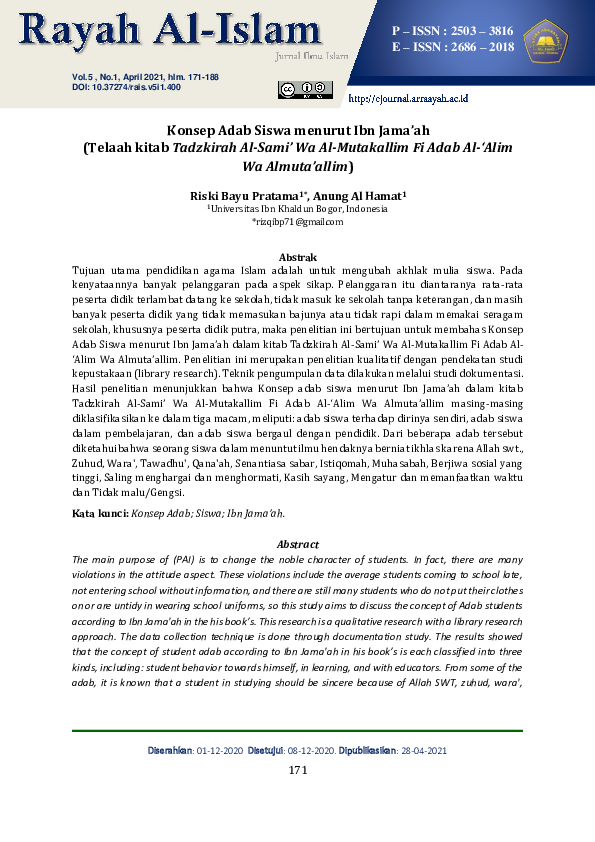 (PDF) Konsep Adab Siswa menurut Ibn Jama’ah (Telaah kitab Tadzkirah Al ...