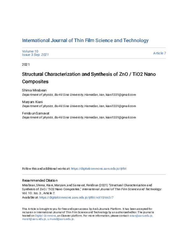 Pdf Structural Characterization And Synthesis Of Zno Tio2 Nano Composites Maryam Kiani