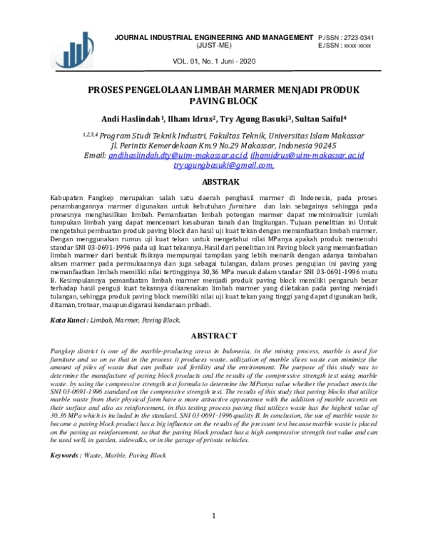 (PDF) Proses Pengelolaan Limbah Marmer Menjadi Produk Paving Block ...