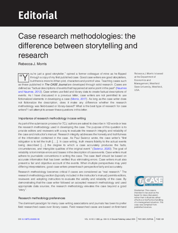 (PDF) Case research methodologies: the difference between storytelling ...