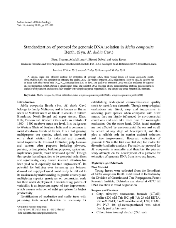 Pdf Standardization Of Protocol For Genomic Dna Isolation In Melia Composita Benth S M