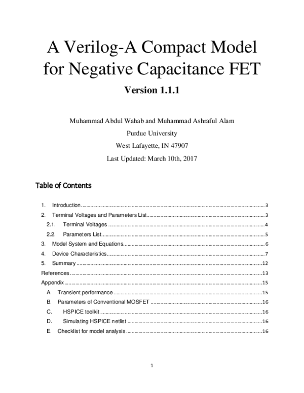 (PDF) A Verilog-A Compact Model for Negative Capacitance FET