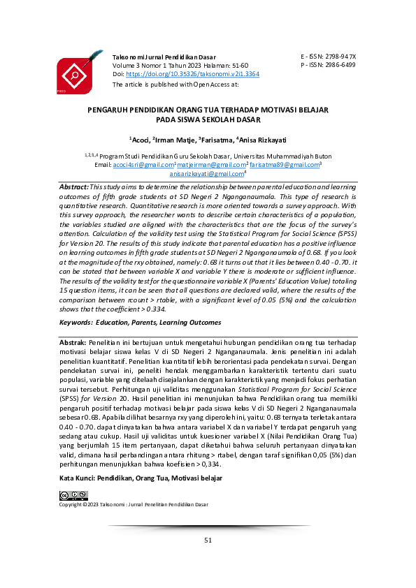 (PDF) Pengaruh Pendidikan Orang Tua Terhadap Motivasi Belajar Pada Siswa Sekolah Dasar