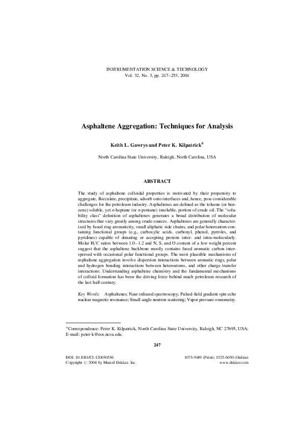 (PDF) Asphaltene Aggregation: Techniques for Analysis