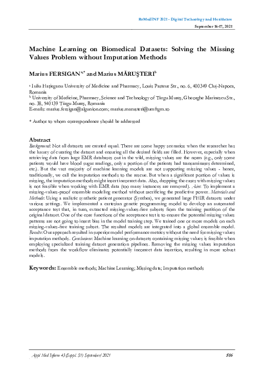 Pdf Machine Learning On Biomedical Datasets Solving The Missing Values Problem Without