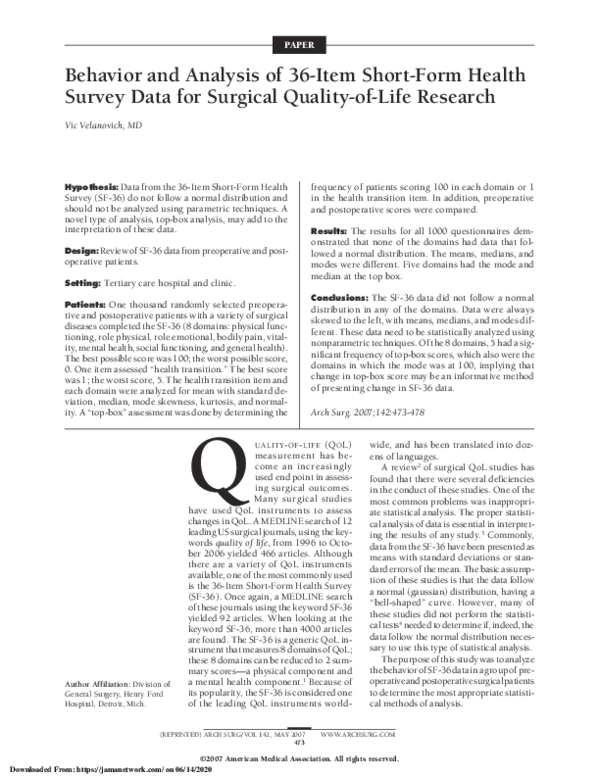 (PDF) Behavior and Analysis of 36-Item Short-Form Health Survey Data ...