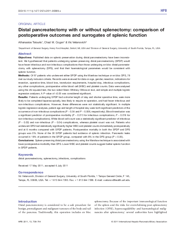 (PDF) Distal pancreatectomy with or without splenectomy: comparison of ...