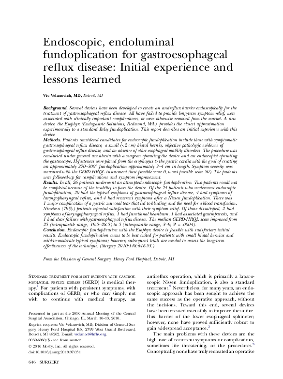 (PDF) Endoscopic, endoluminal fundoplication for gastroesophageal ...