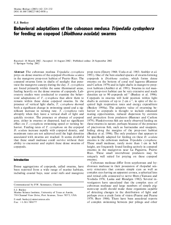 (PDF) Behavioral adaptations of the cubozoan medusa Tripedalia ...