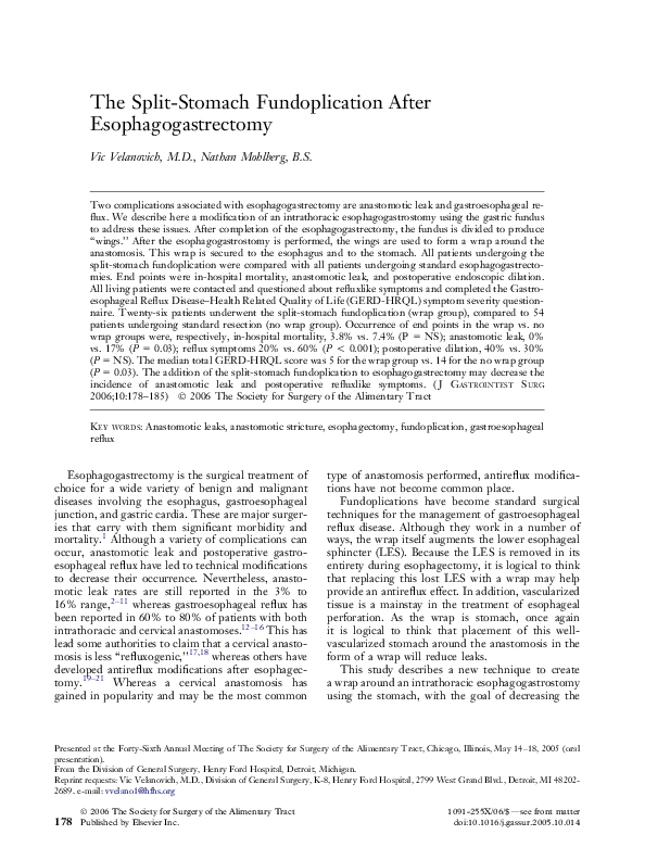 (PDF) The Split-Stomach Fundoplication After Esophagogastrectomy