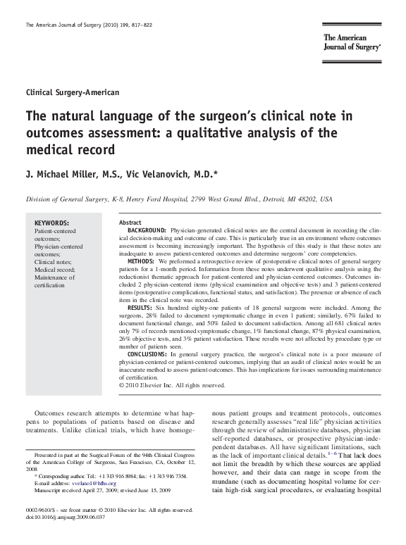 (PDF) The natural language of the surgeon's clinical note in outcomes ...