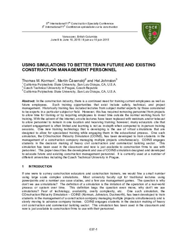 (PDF) Using simulations to better train future and existing construction management personnel