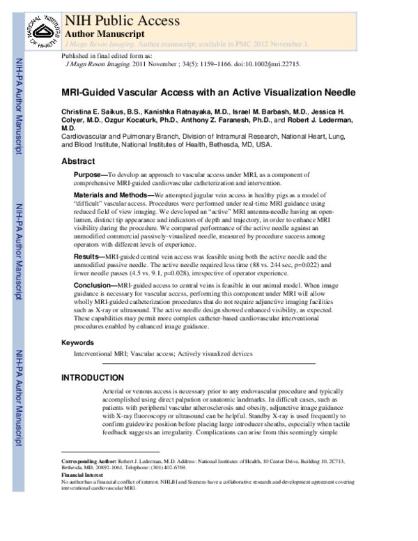 (PDF) MRI-guided vascular access with an active visualization needle
