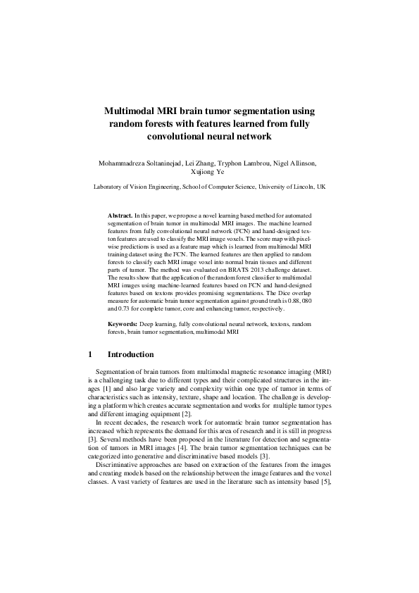 (PDF) Multimodal MRI brain tumor segmentation using random forests with features learned from ...