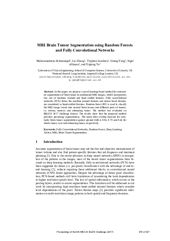 Pdf Mri Brain Tumor Segmentation Using Random Forests And Fully Convolutional Networks