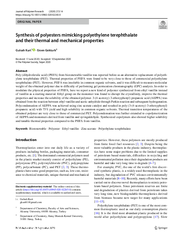 (PDF) Synthesis of polyesters mimicking polyethylene terephthalate and ...