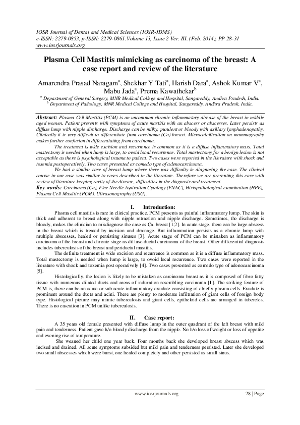 (PDF) Plasma Cell Mastitis mimicking as carcinoma of the breast: A case report and review of the ...