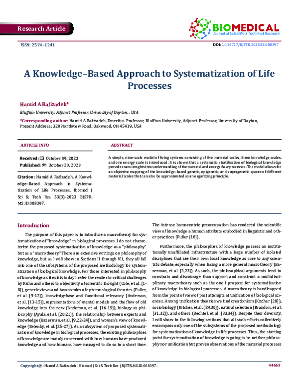 (PDF) A Knowledge-Based Approach to Systematization of Life Processes