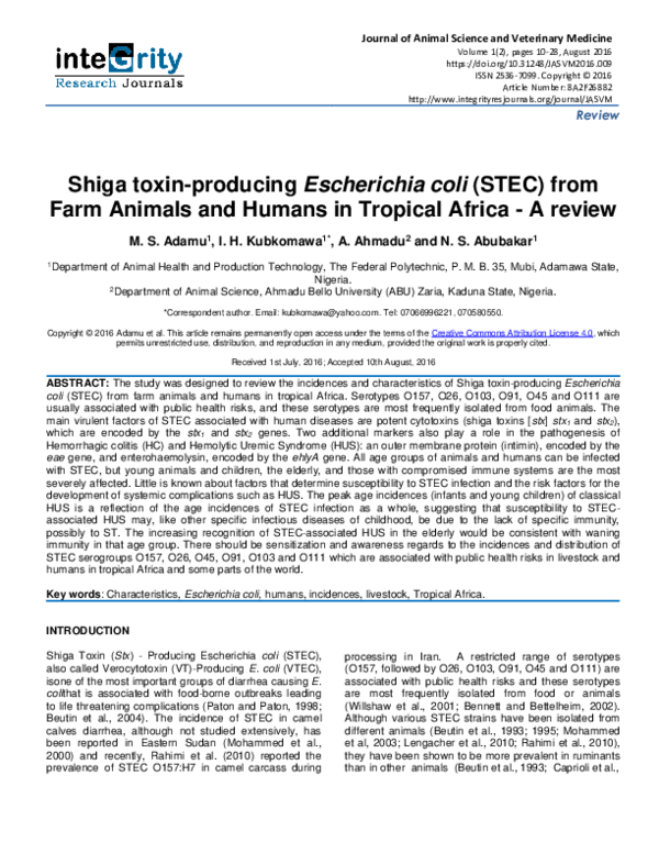 (PDF) Shiga toxin-producing Escherichia coli (STEC) from Farm Animals ...