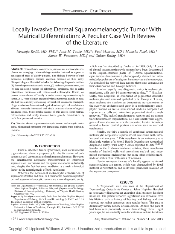 (PDF) Locally Invasive Dermal Squamomelanocytic Tumor With Matrical ...