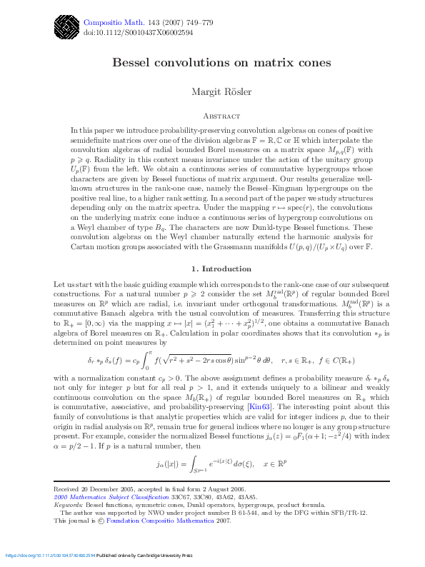 (PDF) Bessel convolutions on matrix cones