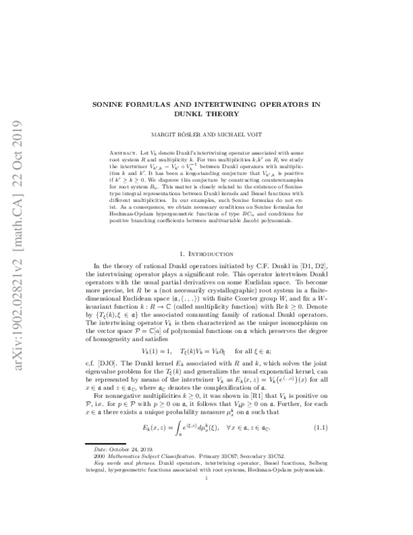 Pdf Sonine Formulas And Intertwining Operators In Dunkl Theory