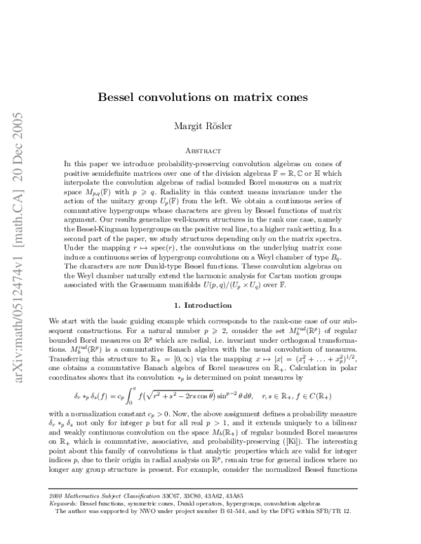 (PDF) Bessel convolutions on matrix cones | Margit Rösler - Academia.edu