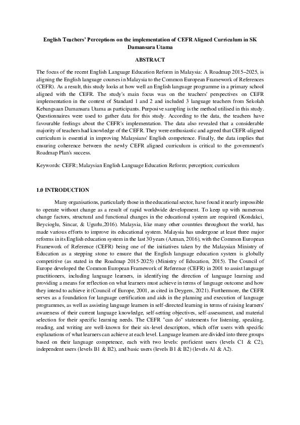 (PDF) English Teachers' Perceptions on the implementation of CEFR Aligned Curriculum in SK ...