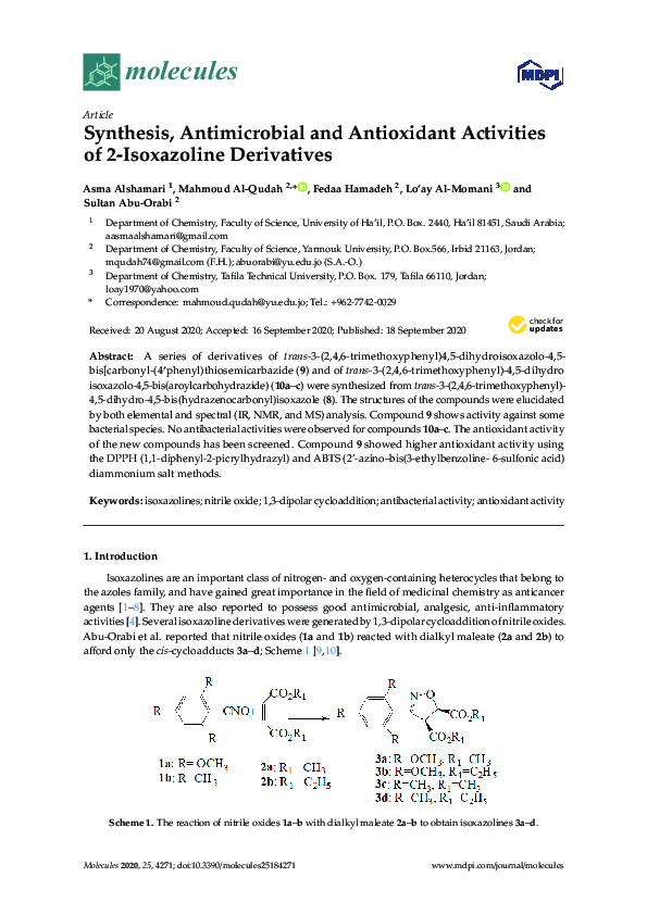 (PDF) Synthesis, Antimicrobial and Antioxidant Activities of 2-Isoxazoline Derivatives