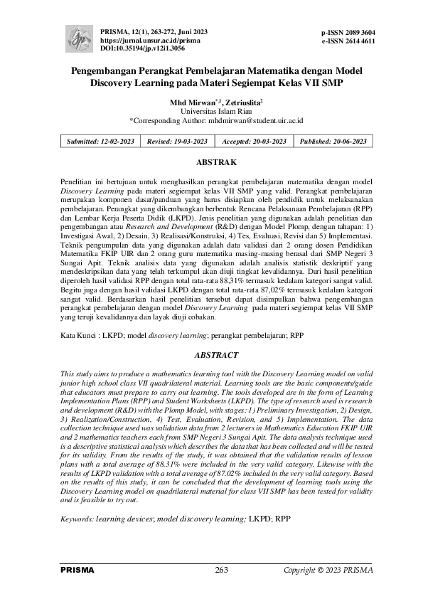 (PDF) Pengembangan Perangkat Pembelajaran Matematika dengan Model Discovery Learning pada Materi ...
