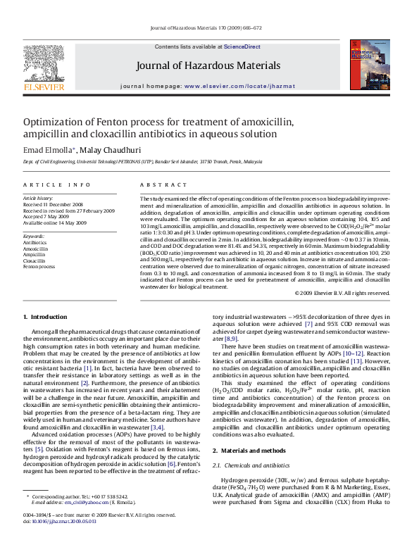 (PDF) Optimization of Fenton process for treatment of amoxicillin ...