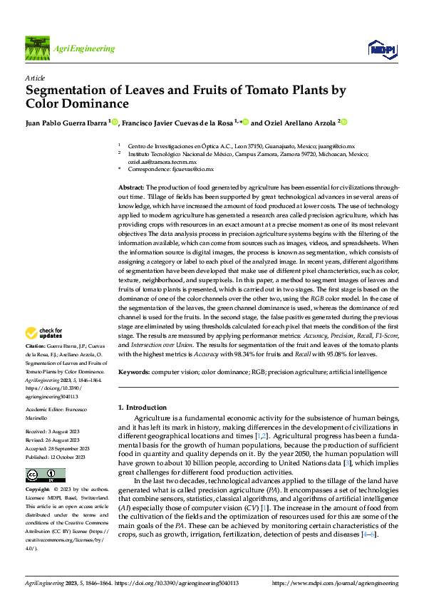 (PDF) Segmentation of Leaves and Fruits of Tomato Plants by Color Dominance