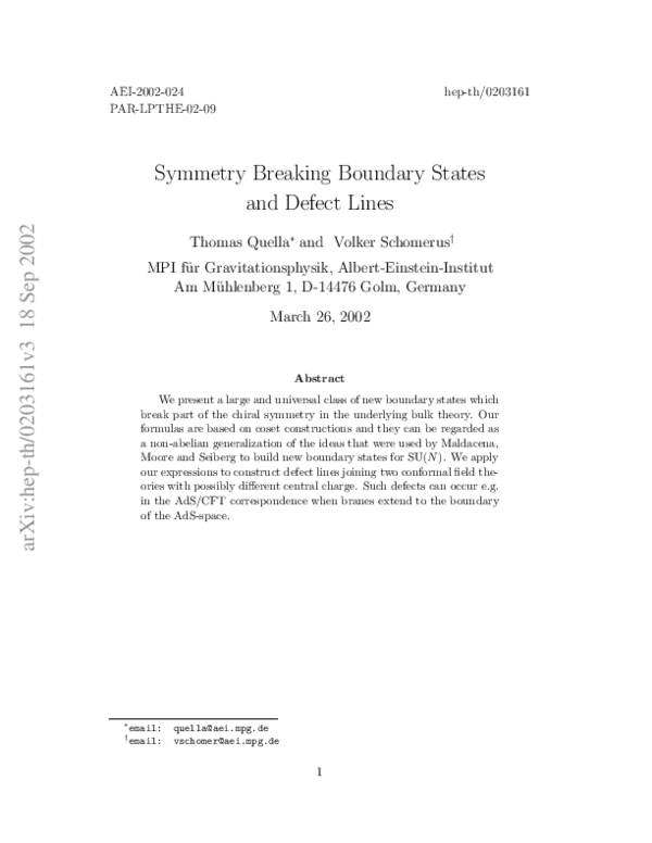 (PDF) Symmetry breaking boundary states and defect lines