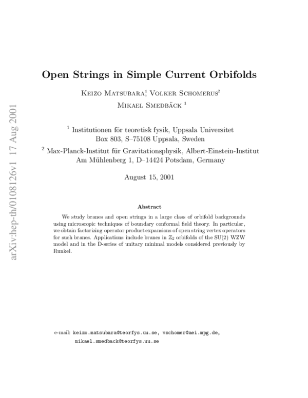 (PDF) Open strings in simple current orbifolds | Volker Schomerus - Academia.edu