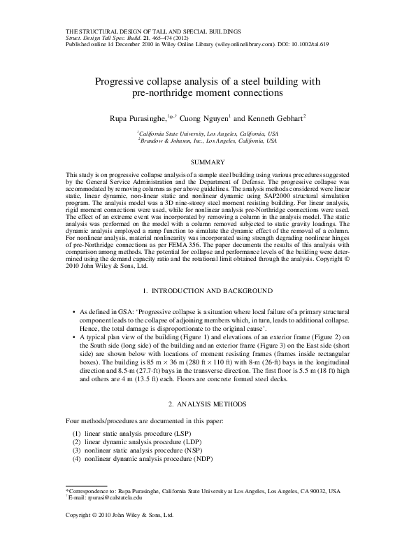 (PDF) Progressive Collapse Analysis of a Steel Building with Pre-Northridge Moment Connections ...