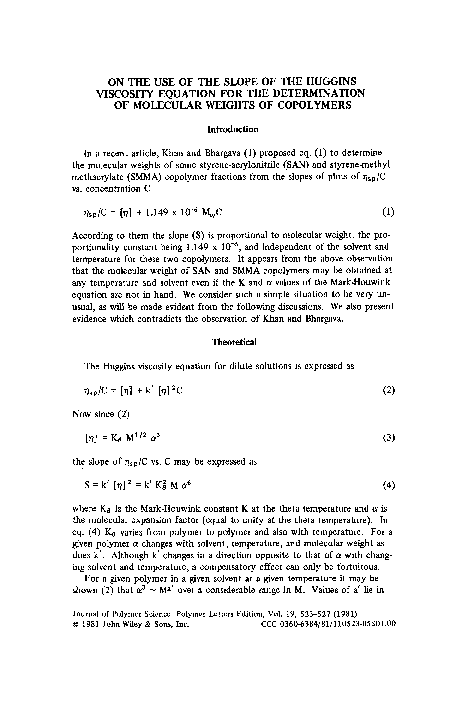 (PDF) On the use of the slope of the huggins viscosity equation for the ...