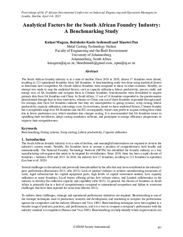 (PDF) Analytical Factors for the South African Foundry Industry: A Benchmarking Study