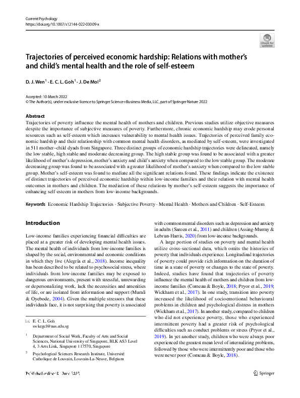 (PDF) Trajectories of perceived economic hardship: Relations with mother’s and child’s mental ...