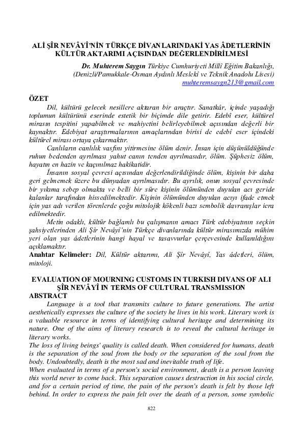 (PDF) Ali Şîr Nevâyî'nin Türkçe Divanlarındaki Yas Âdetlerinin Kültür ...