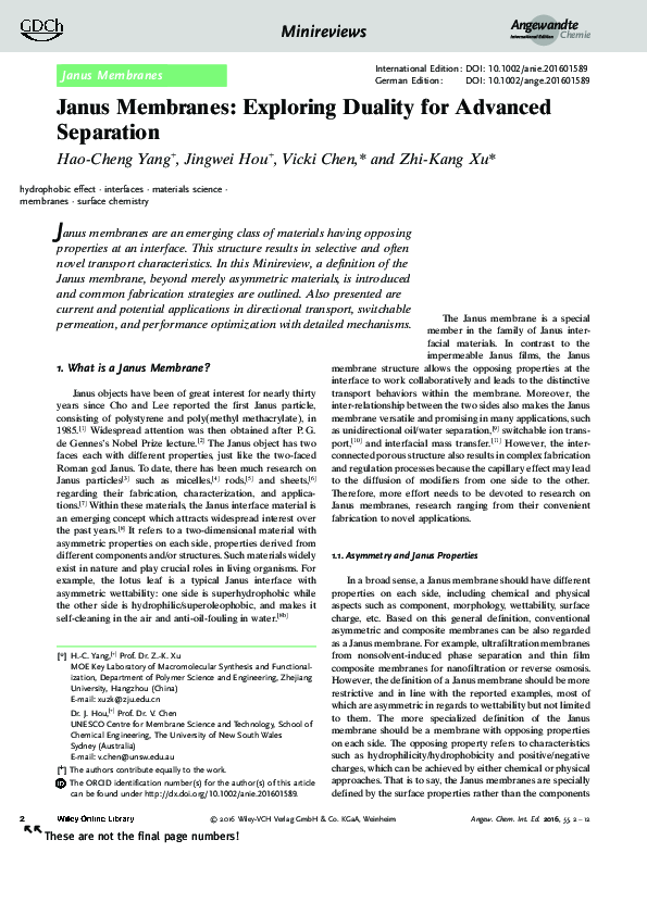 (PDF) Janus Membranes: Exploring Duality for Advanced Separation